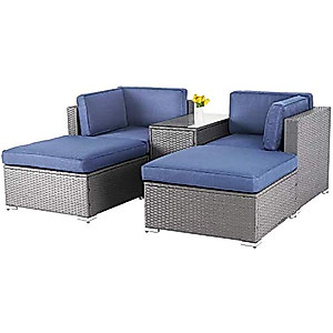 SOLAURA 5-Piece Outdoor Patio Furniture Set, PE Rattan Wicker Chair Sectional Sofa Set with YKK Zipper and Glass Coffee Table - Navy Blue