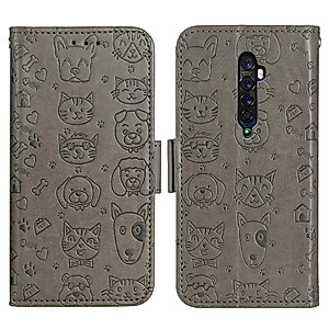 FDCWTSH Compatible with Oppo Reno 2 Wallet Case Wrist Strap Lanyard Leather Flip Card Holder Stand Cell Accessories Folio Purse Slot Credit ID Magnetic Phone Cover for Reno2 2019 Women Men Grey