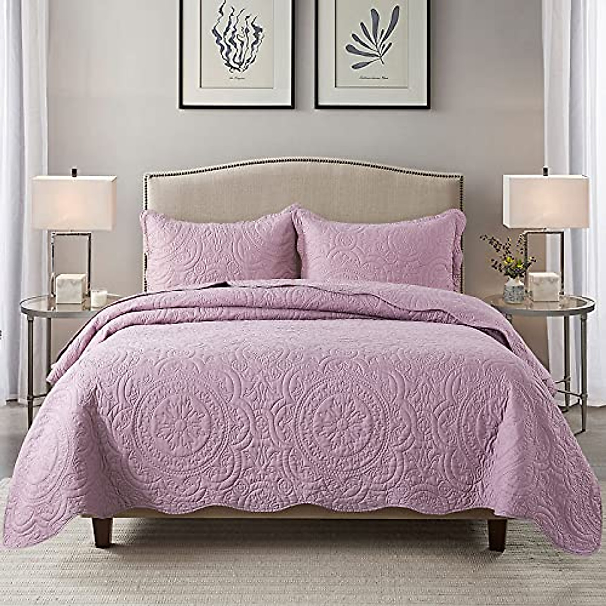 HoneiLife Bedspread Quilt Set Queen - 3 Piece Embroidered Microfiber Bedspread Reversible Coverlet Lightweight Bedcover Mandala Pattern Bedding Set All Season Quilts-Sweet Lavender, Queen Size