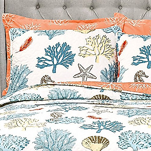 Lush Decor Full Queen-Blue and Coral Coastal Reef Quilt-Reversible 7 Piece Bedding Set with Feather Seashell Design