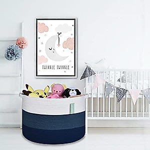 BOSROTY Extra Large Blanket Basket, Laundry Basket, Cotton Rope Basket, 21.7”x 13.8”, Laundry Hamper, XXXL Storage Basket, Woven Basket, Toy Basket, Clothes Baskets, White&Cadet Blue&Navy Blue