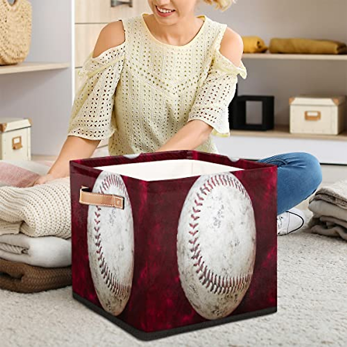 Large Collapsible Storage Bins,Retro Baseball Print Decorative Canvas Fabric Storage Boxes Organizer with Handles,Cube Square Baskets Bin for Home Shelves Closet Nursery Gifts