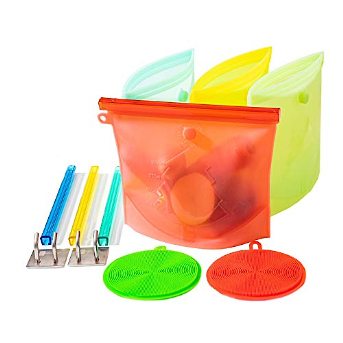 EBKORD Useful Set of 4 | 4 Reusable Eco Silicone Airtight Seal Storage Food Bags | 2 Multiuse Silicone Sponge for Kitchen or Bathroom | 2 Resistant Multi Surfaces 3M Stainless Steel Wall Hanger