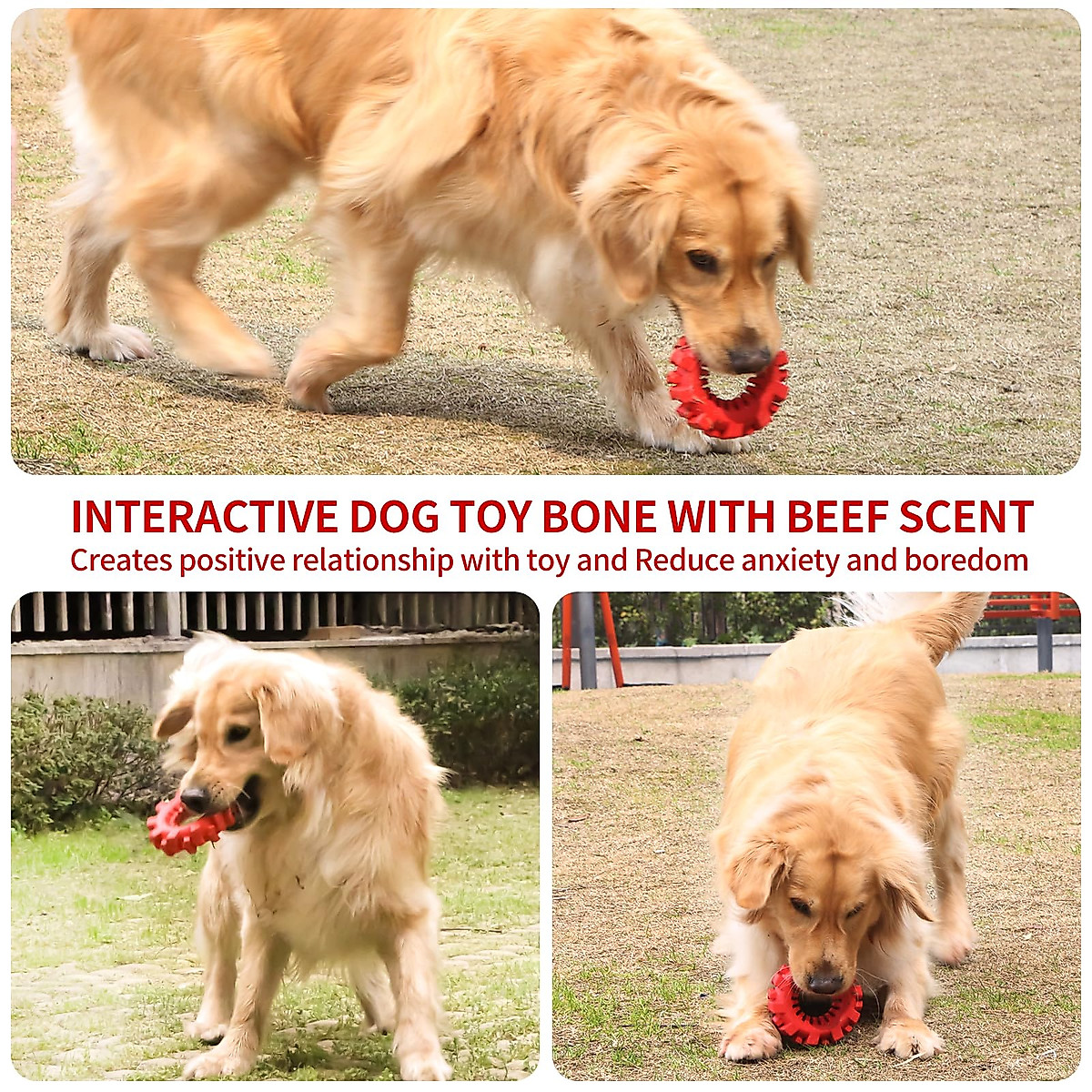 Interactive Treat Dispensing Puppy Toys - Dog Bones for Aggressive Chewers Super Dog Toys Tough Chew for Dogs Toy Bone, Natural Rubber Leaked Dumbbells… (red)