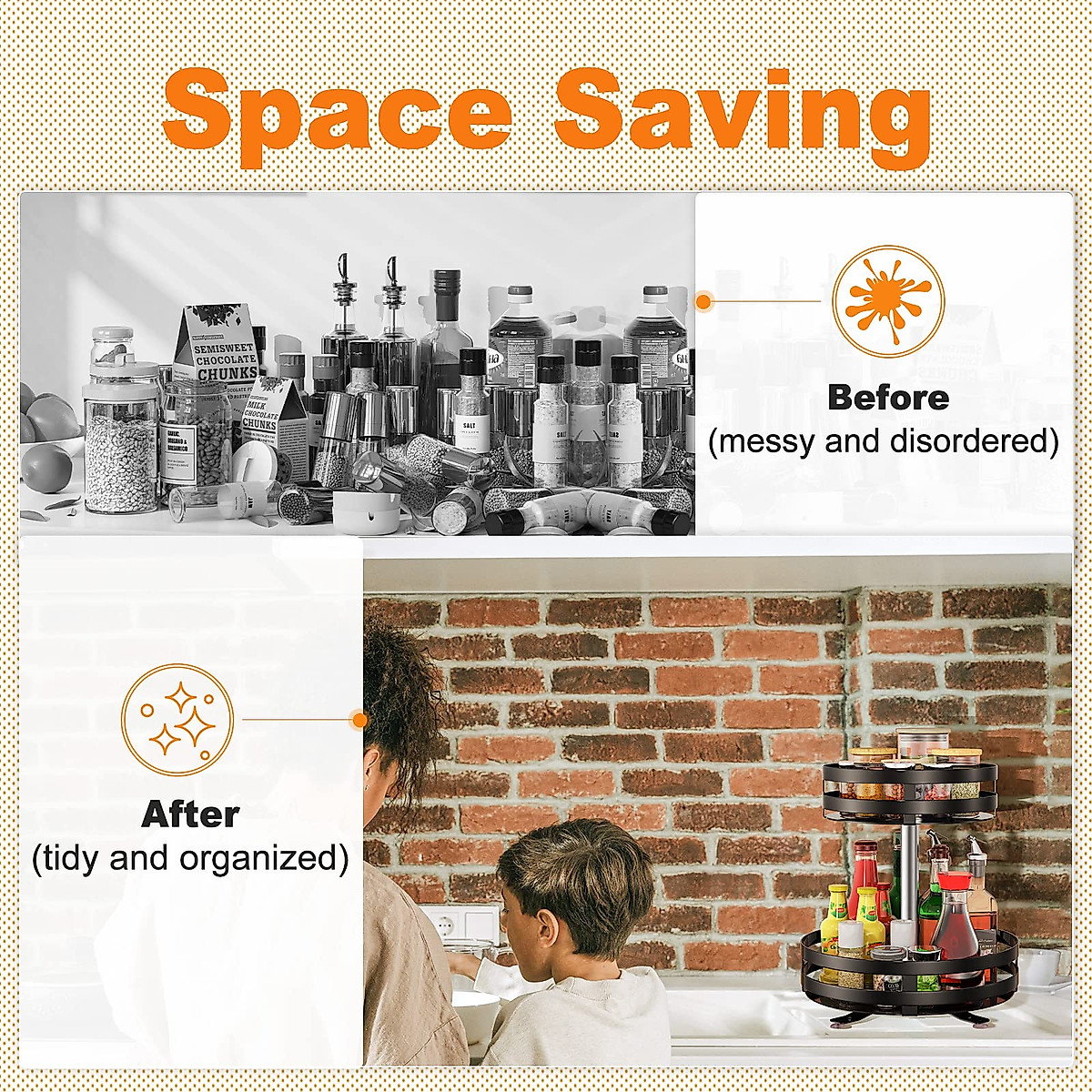 2 Tier Lazy Susan Organizer Metal Steel, Turntable Organizer for Table, Rotating Spice Rack Organizer for Cabinet Pantry Kitchen Countertop, Non Skid Suction Base, 10 inch, Black