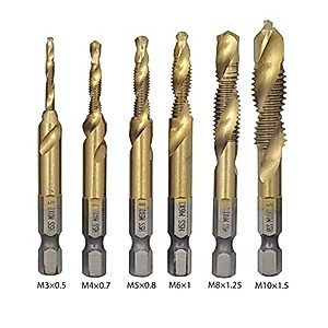 6pcs 1/4 inch Titanium Combination Drill and Tap Bits Set Screw Tapping Bit Tool for Tapping Metric (M3-M10) Drilling Tapping and Countersinking HSS4341 Steel