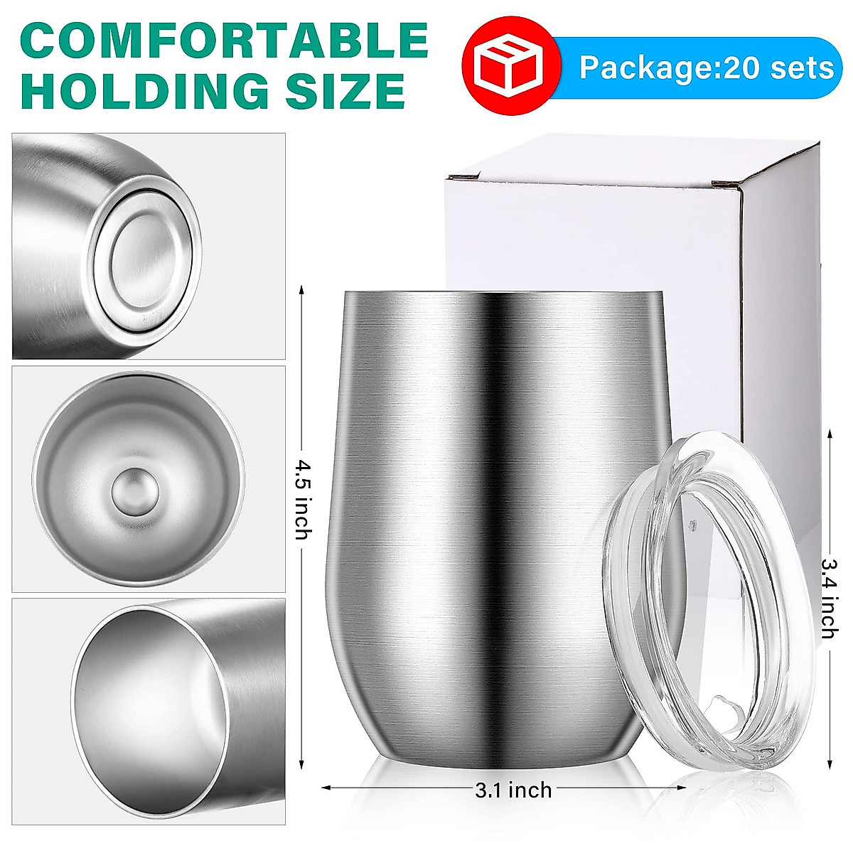 20 Packs Wine Tumblers Insulated Cups with Lids, 12 oz Stainless Steel Stemless Wine Tumblers Double Layer Vacuum Wine Glasses Tumbler Cup Coffee Mug for Hot Cold Drink