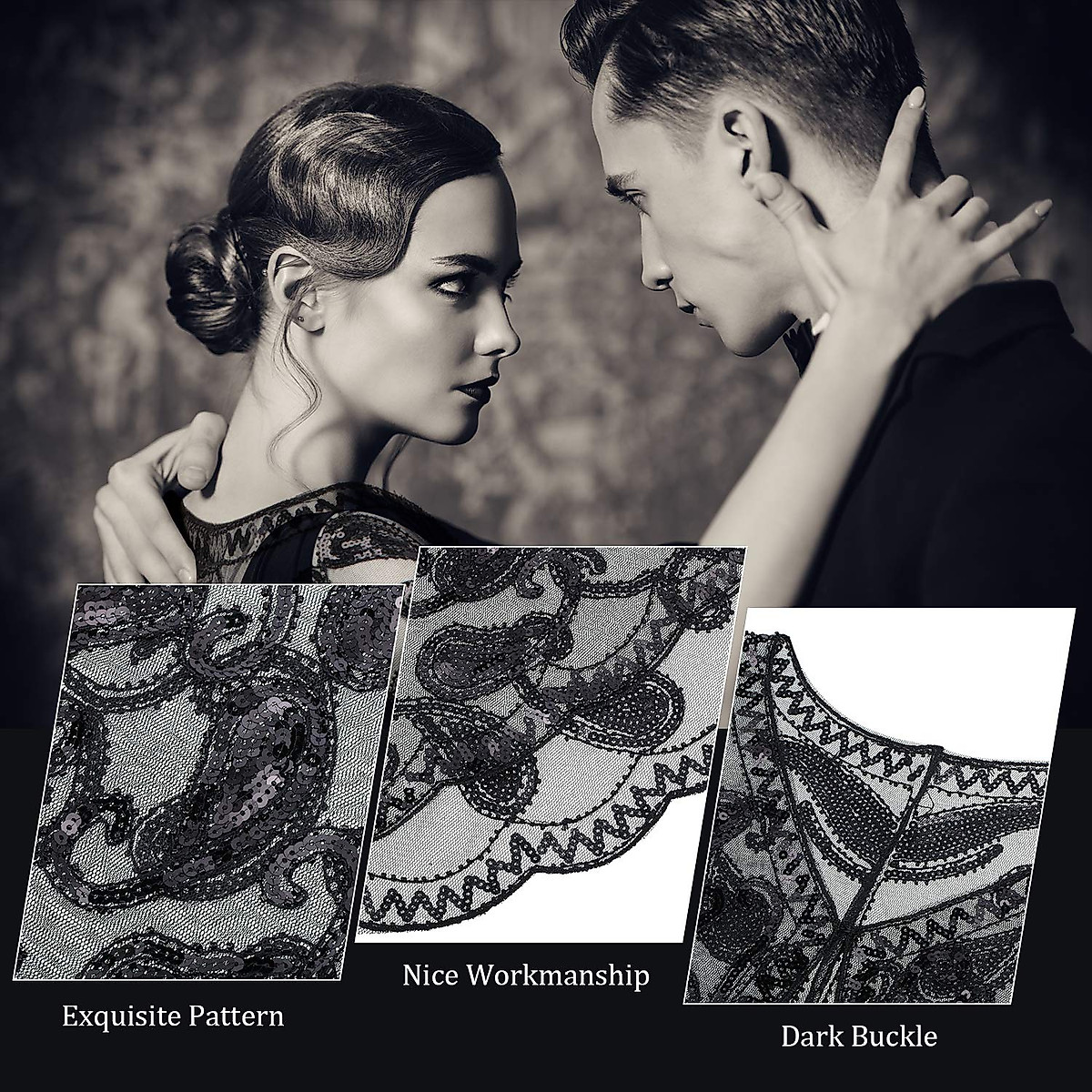 SATINIOR Women's 1920s Sequin Shawl Wrap Bridal Shawl Cover up Beaded Evening Cape (Black)