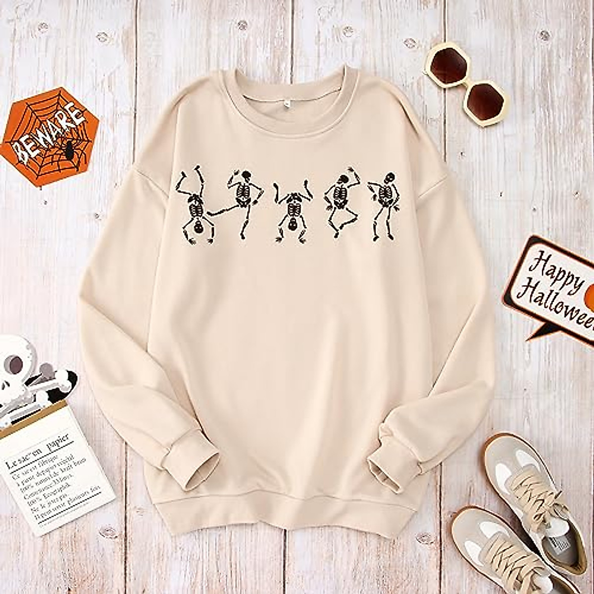 SOFEON Women Halloween Dancing Skeleton Sweatshirt Horror Skull Graphic Crewneck Sweatshirt Spooky Season Pullover Tops(Beige,X-Large)