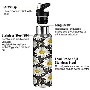 ALAZA Flower Music Note Water Bottle with Straw Lid Vacuum Insulated Stainless Steel Thermo Flask Water Bottle 20oz