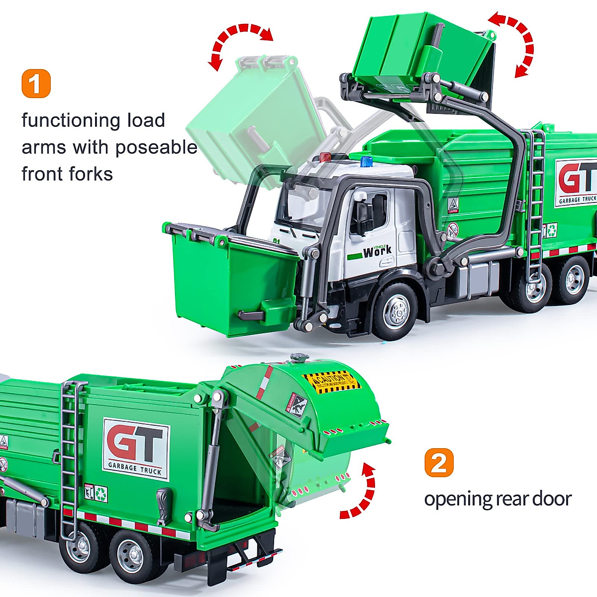 Garbage Truck Toys Metal Cab, Realistic Trash Truck Toys for Boys with Lights and Sounds, Friction Powered Recycling Truck for Kids, Front Loader with Dumpster, 4 Trash Bins with Trash Cards, 12"