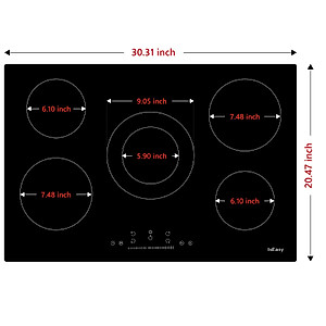 Electric Cooktop Ceramic Stove 5 Burners 30 inch Built-in Countertop Burners Cooker Satin Glass in Black Touch Sensor Control,Timer,Child Safety Lock,9 Power Levels,220-240V
