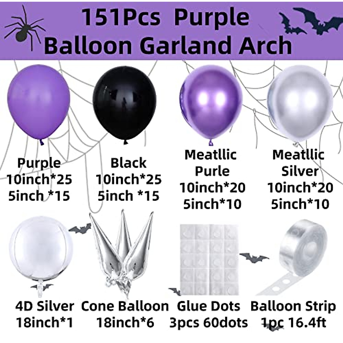 Enanal Purple TV Drama Themed Balloon Garland Arch Kit, 151pcs Black and Chrome Purple Silver Balloons with 4D Foil Balloons for Halloween Gothic Themed Party Supplies Birthday Party Decoration