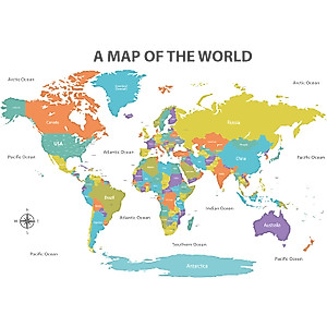 DECOWALL DMT-1809S Modern Pastel Tones World Map Kids Wall Stickers Wall Decals Peel and Stick Removable Wall Stickers for Kids Nursery Bedroom Living Room (Large)
