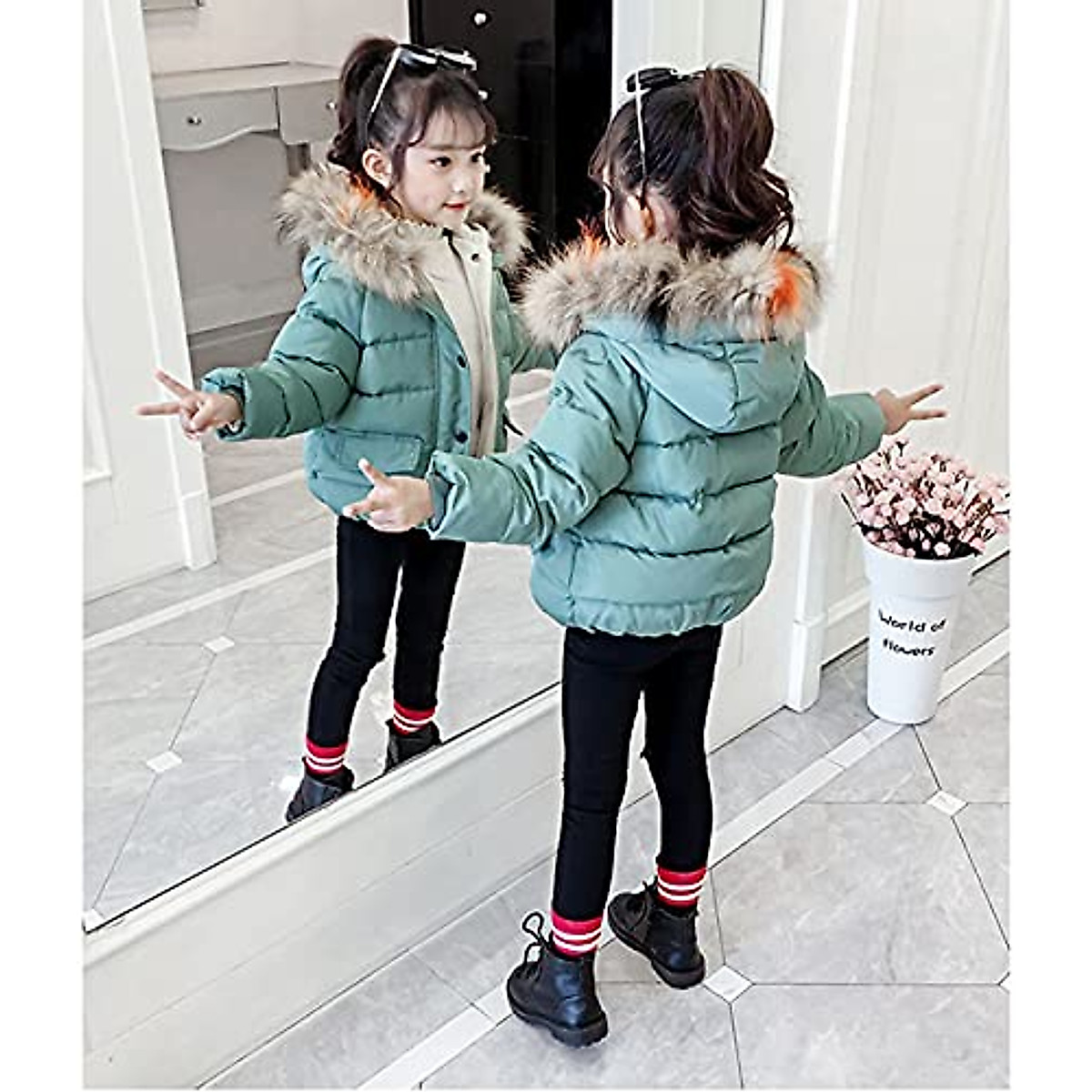FunnyPaja Baby Toddler Boys Girls Winter Warm Coats Hooded Windproof Jacket Snowsuit Outerwear Fur Hoodies Light Green 12-18 Months