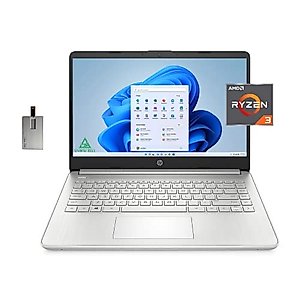 HP 2022 14" FHD IPS Display Laptop, AMD Ryzen 3-3250U, 32GB RAM, 1TB PCIe SSD, AMD Radeon Graphics, True Vision HD Camera, Wi-Fi 5, Bluetooth, Win 11, Silver, 32GB Snow Bell USB Card