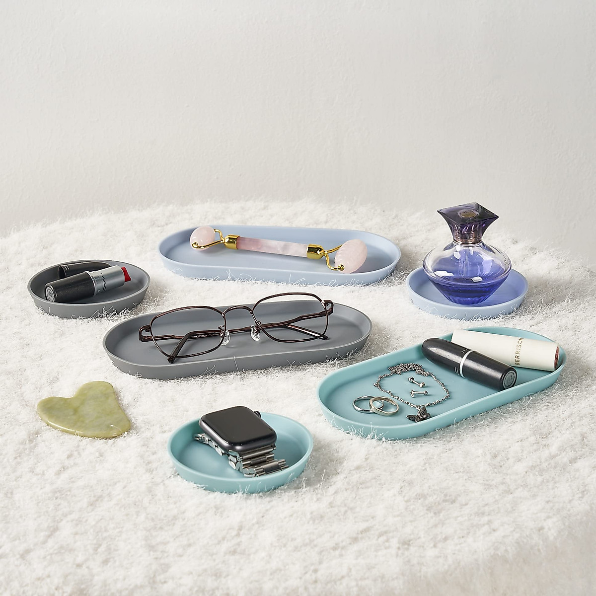 Blue Ginkgo Mini Silicone Trays – Set of 6 Easy-Clean Organizers for Bathroom, Kitchen, Desk, Vanity, and Cosmetics (Blue, Mint, Gray)