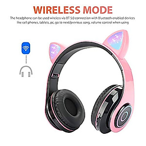 Niaviben Headphones Over-Ear Bluetooth 5.0 Wireless Cat Ear Headphones LED with Mic Headphone Support Wire and Wireless Mode for Kids and Girls Black