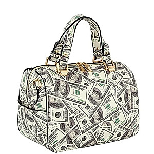 Womens Girls Hundred Dollar Bill Money Theme Novelty Satchel Purse Crossbody Clutch Shoulder Bag (2-in-1 Barrel Satchel)