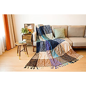 Knit Woven Super Soft Chenille Throw Blanket with Tassels Bohemian Throw Covers Large Couch Furniture Sofa Chair Loveseat Recliner Over Sized Cover (Flower, L (87" x 102"))