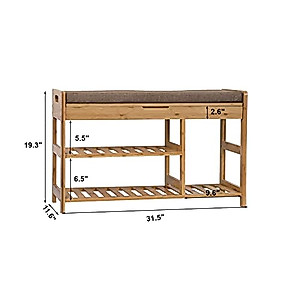 C&AHOME Shoe Bench Bamboo, 3-Tier Shoe Organizer with Cushion, Shoe Rack Bench for Entryway, Max Load 270 LBS, Removable Seat Cushion Bench, Ideal for Entryway, Hallway, Living Room, Bedroom, Natural