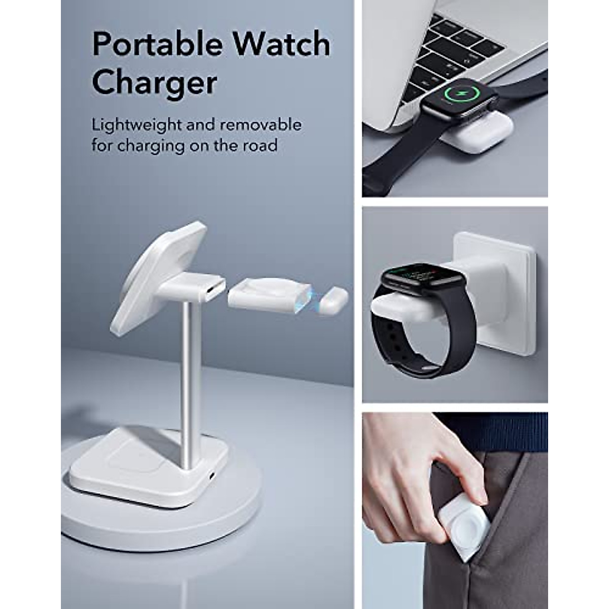 ESR 3-in-1 MagSafe Charger Stand (HaloLock), Removable Made for Apple Watch Certified Charger, MagSafe Charging Station, Magnetic Wireless Charger, iPhone 14/13/12 Series, AirPods Pro/3/2, White
