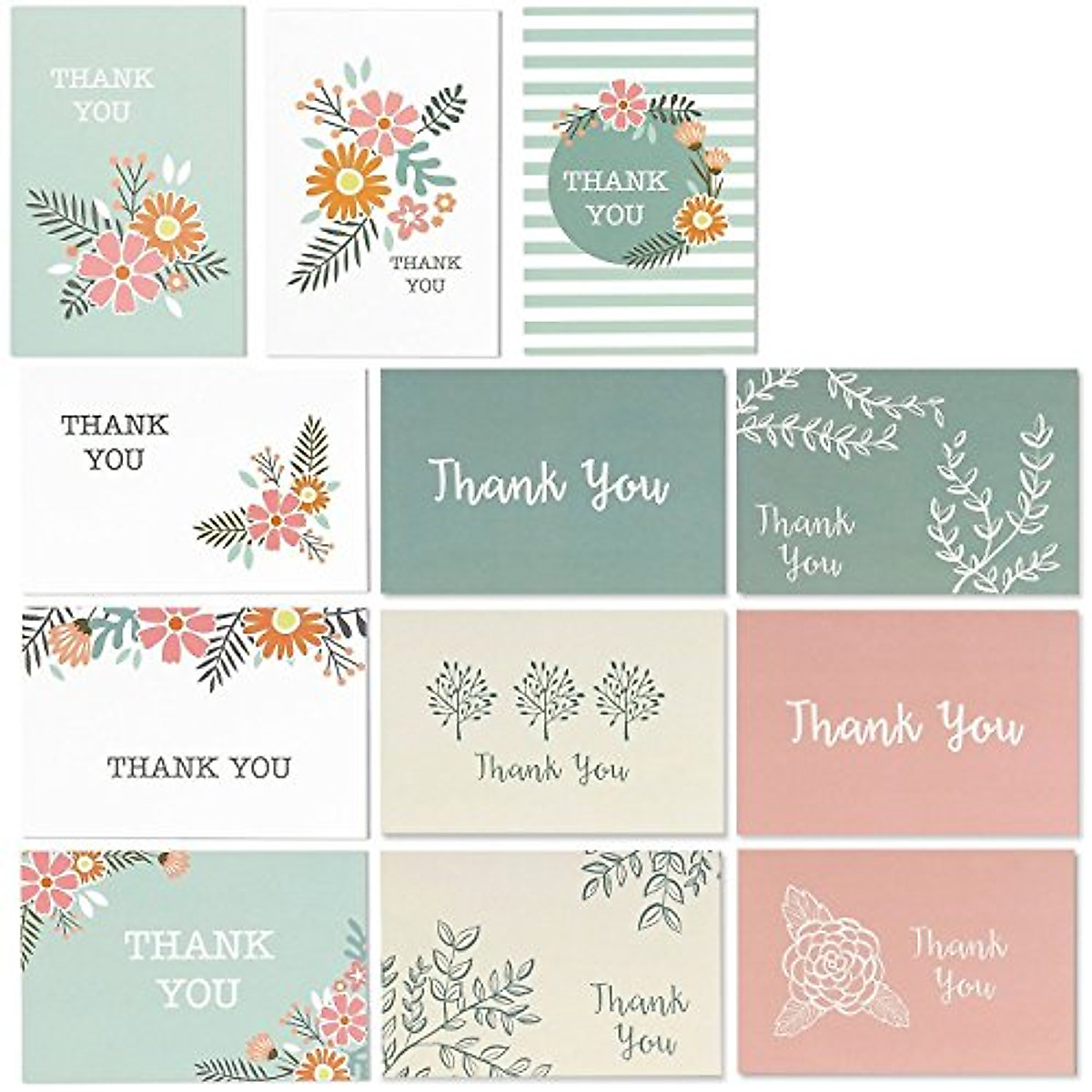 96-Count Thank You Cards with Envelopes, Bulk Box Set Blank Thank You Greeting Notes for Baby and Bridal Shower Graduation Birthday Wedding Party, 12 All Occasion Assorted Floral Designs, 4 x 6 inches