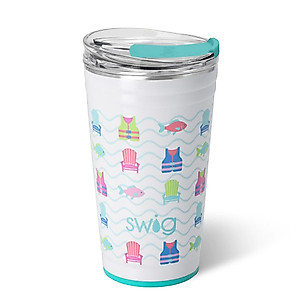 Swig Life 24oz Party Cup, Stackable Insulated Travel Coffee Tumbler with EZ Slider Lid, Cup Holder Friendly Travel Thermos, Stainless Steel 24 oz Tumbler, Reusable Coffee Mug (Lake Girl)