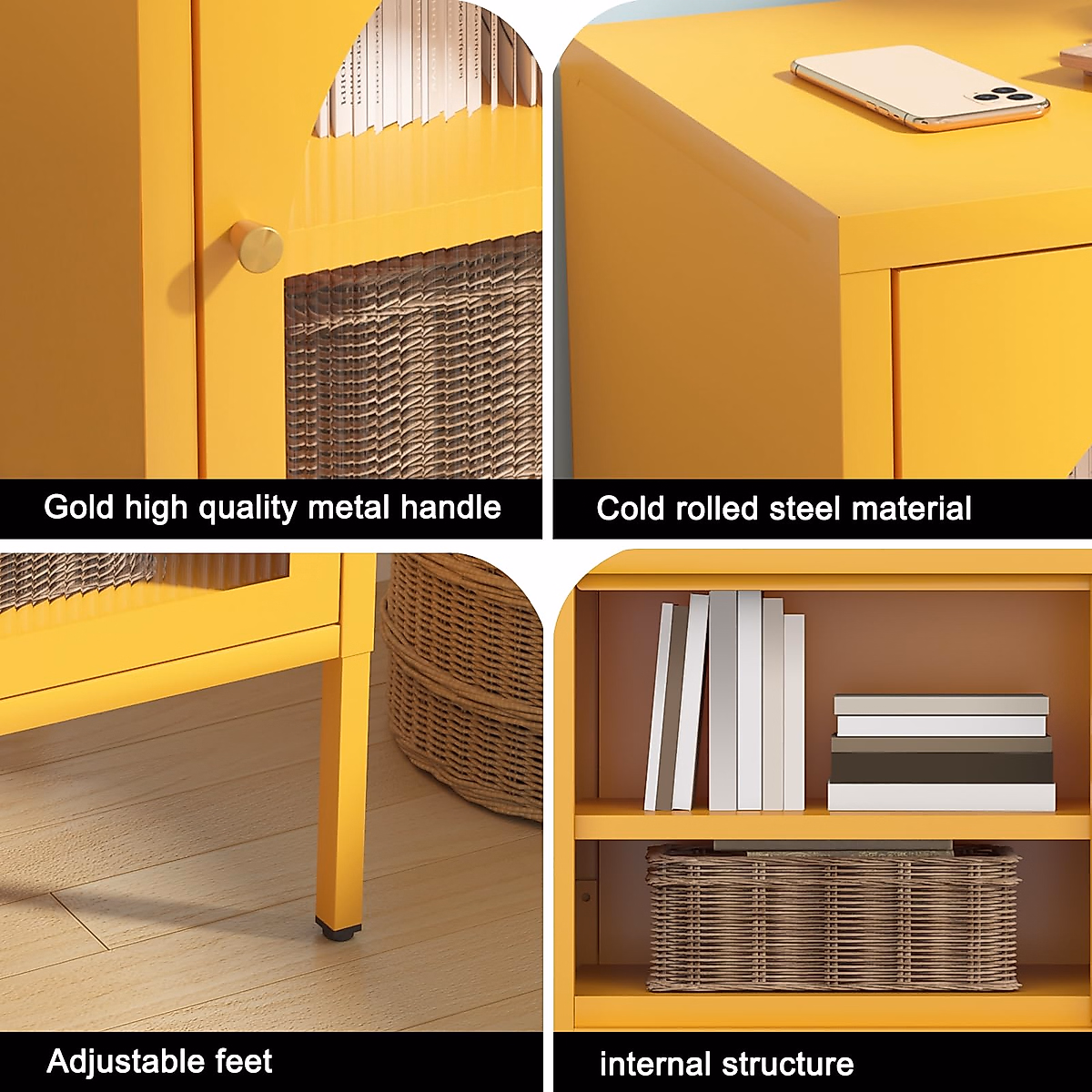 Aiasuit Single Door Nightstand Bedroom Bedside Table Adjustable Frosted Texture Storage Side Cabinet Glass Coffee Table Storage Cabinet Solid Room Side Table Yellow Size: 23.62”H x 19.68”W x 13.88”D
