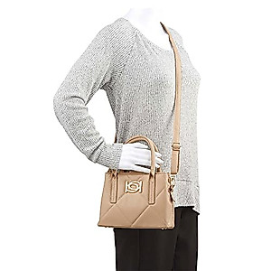 bebe Womens Gio Quilted Faux Leather Satchel Handbag Beige Small