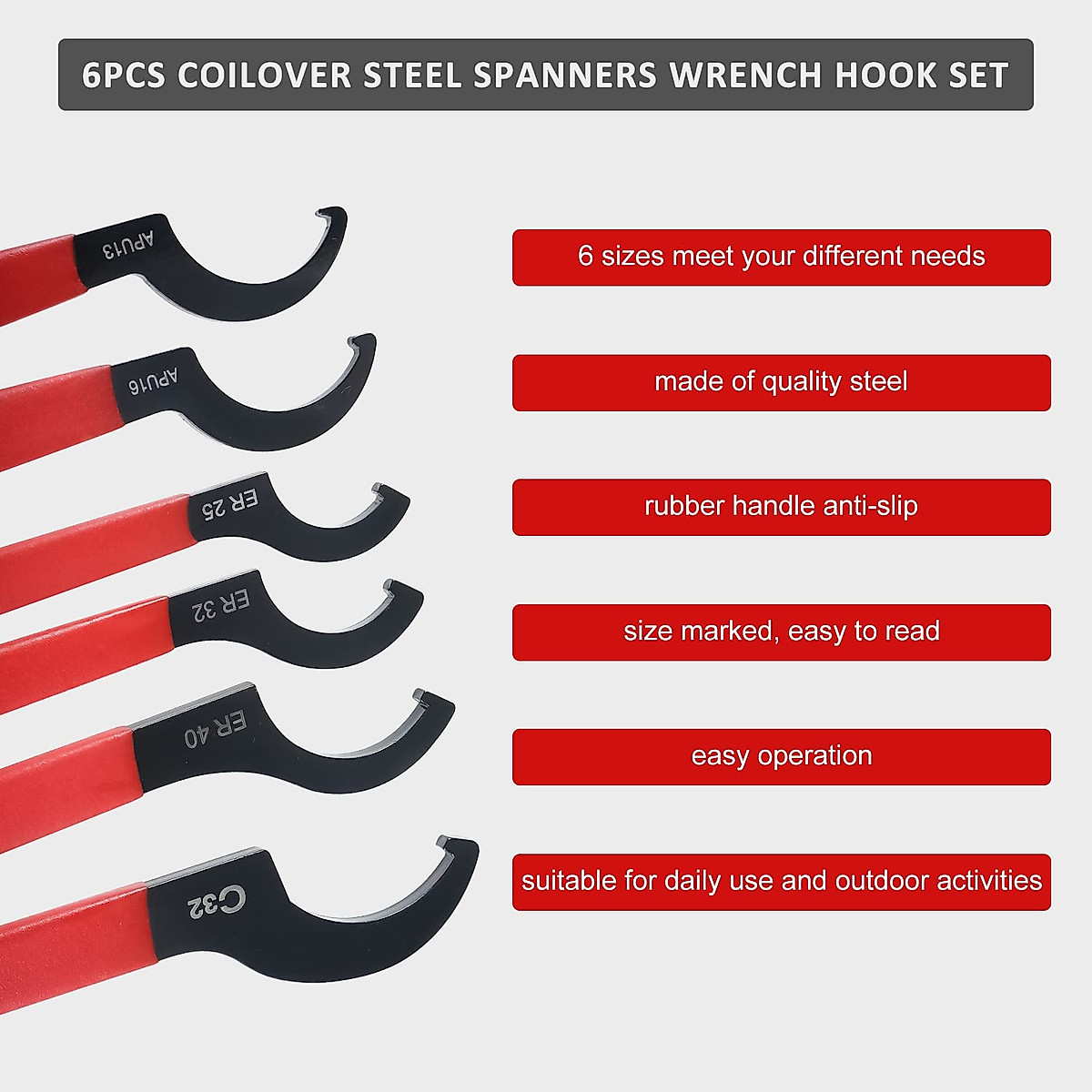 LynTorin 6pcs Coilover Adjustable Steel Spanners Wrench Hook Tool For Suspension System and Shock Adjustments