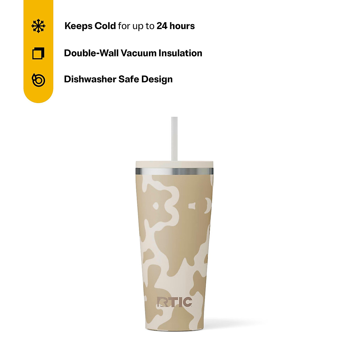 RTIC 20oz Everyday Tumbler Insulated Stainless Steel Portable Travel Coffee Cup with Straw, Spill-Resistant Lid, BPA-Free, Hot and Cold Drink, Brown Cow Hide