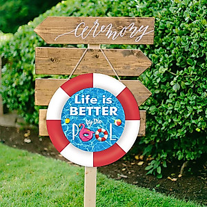 ZDALEXF Outdoor Summer Sign, Life is Better by The Pool Sign for Swimming Pool, Round Wooden Hanging Sign for Garden Backyard Patio Decor,Summer Beach Home Party Wall Porch Decoration 12x12
