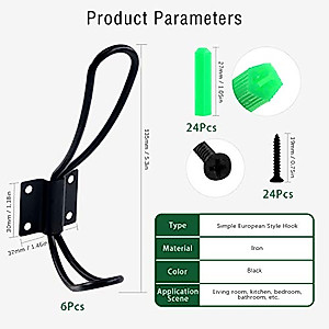 Keadic 6 Pack Heavy Duty Rustic Black Coat Hooks Kit with Screws and Expansion Screws Included for Hanging Look (Black - 6 Pack)