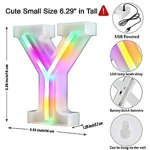 Newly Upgrade LED Neon Letter Lights Marquee Alphabet Light Up Letters with Remote Control，USB/Battery Powered Light Up Letters for Home Decoration Colourful (RC-Y)…
