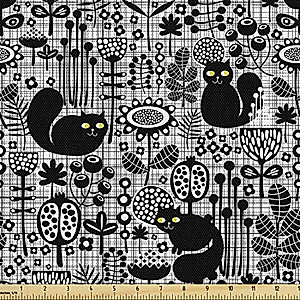 Lunarable Cat Fabric by The Yard, Feline Domestic Animals with Blossoming Monochrome Flowers and Leaves Kitten, Decorative Fabric for Upholstery and Home Accents, 1 Yard, White Black