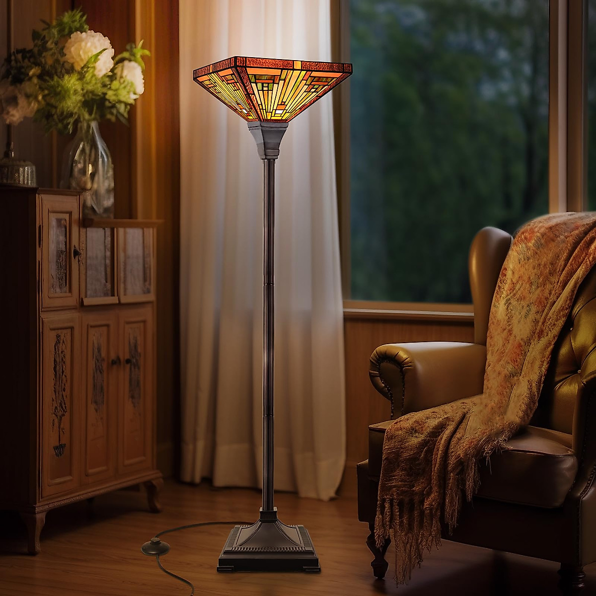 Capulina Tiffany Torchiere Floor Lamp 70" Tall Industrial Blackish Bronze Pole Amber Brown Style Stained Glass Torch Standing Light Decor for Living Room Bedroom Office