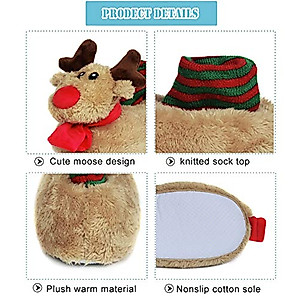 Fuzzy Animal Slippers for Toddler and Little Kids, Moose Giraffe Dog Slippers for Boys Girls (Toddler Kid Size 6-8, Moose)