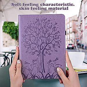 VODEFOX Case for iPad Mini 6 2021 (8.3 Inch) 6th Generation Case, Embossed Deer&Tree PU Leather Retro Shockproof Slim Case with Pencil Holder Elastic Strap Stand Cover for iPad Mini 6th Gen - Purple