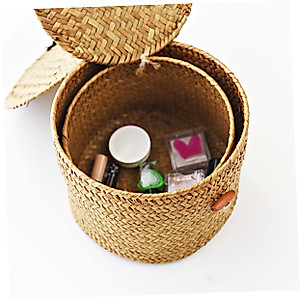 GARVALON Round Wicker Basket with Lid, 150 oz, Snacks, Cosmetics, Desktop Storage