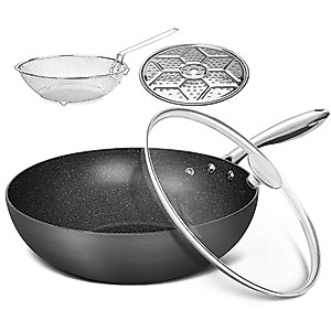 MICHELANGELO Nonstick Wok with Lid, Hard Anodized Wok Pan, Induction Wok 12 Inch, Large Wok Pan with Flat Bottom, Cooking Wok with Steamer Rack & Fry Basket, Woks and Stir Fry Pans - 5 Quart