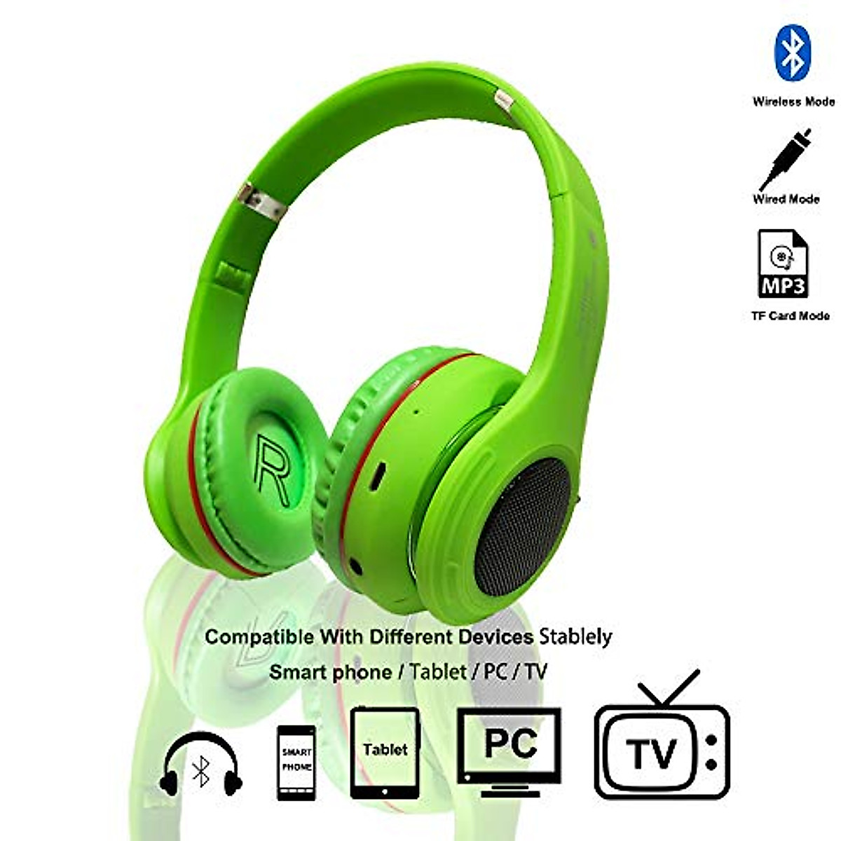 Kids Bluetooth Headphones,LED Light Up Wireless/Wired Headset,85 dB Volume Limiting Foldable Headphones,Built-in Mic,Support FM Radio/Micro SD/TF,for Phone/Tablet/Pad/PC/Kindle/Laptop/TV(Green)