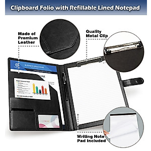 Clipboard Folder Padfolio, Business/Resume Portfolio Folder, Leather Padfolio Clipboard with Refillable Lined Notepad, Interview/Conference Document Portfolio Organizer for Women/Men, Black