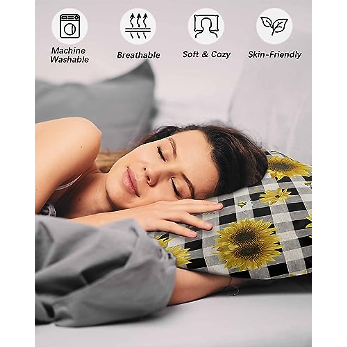 Summer Sunflower Pillow Covers Standard Size Set of 2 20x26 Bed Pillow, Black White Plaid Spring Floral Bee Rustic Wood Plush Soft Comfort for Hair/ Skin Cooling Pillowcases with Envelop Closure