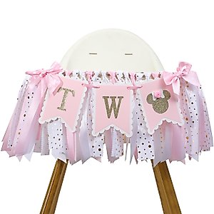 Minnie Mouse 2nd Highchair Banner - Minnie 2nd Birthday Party Decorations,Pink Gold Two High Chair Ribbon Banner,Minnie Mouse Inspired Party Supplies,Sweet Girl Second Birthday Banner Photo Props