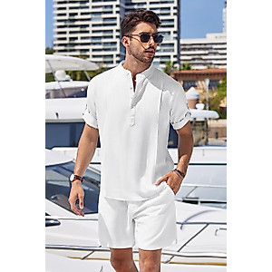 COOFANDY 2 Pieces Linen Outfits For Men White Short Sleeve Henley Shirt and Shorts Summer Beach Yoga Matching Sets