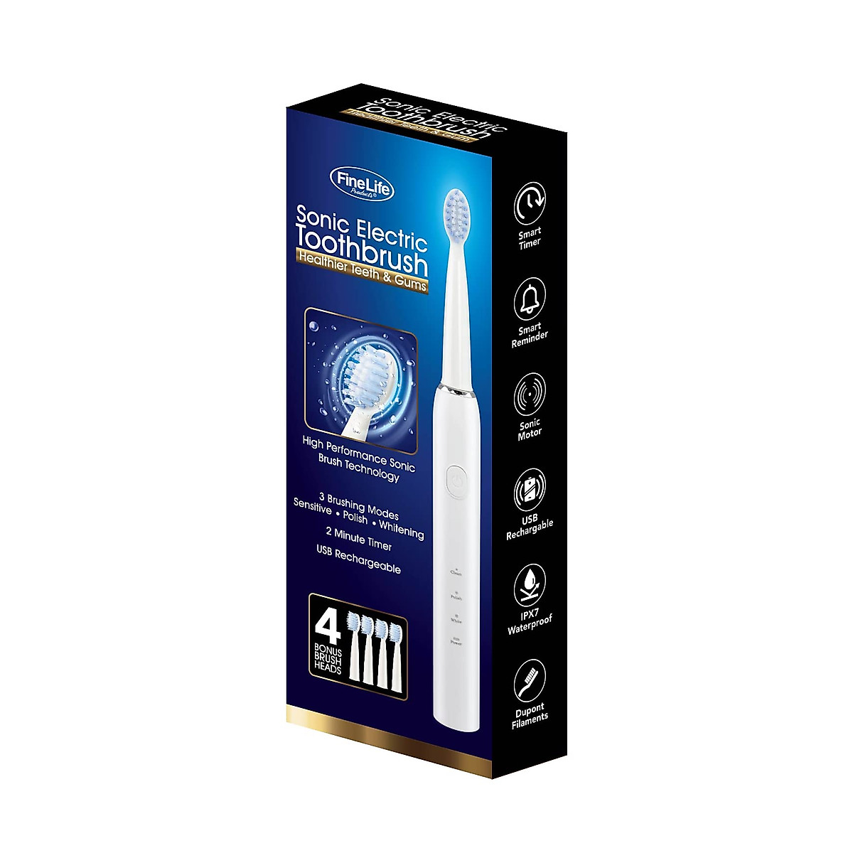 FineLife Products 3 Modes Sonic Power Electric Toothbrush for Healthier Teeth and Gums - USB Rechargeable - 19000 Rotation Per Minute with 4 Bonus Brush Heads, Oral Care Whitening - White