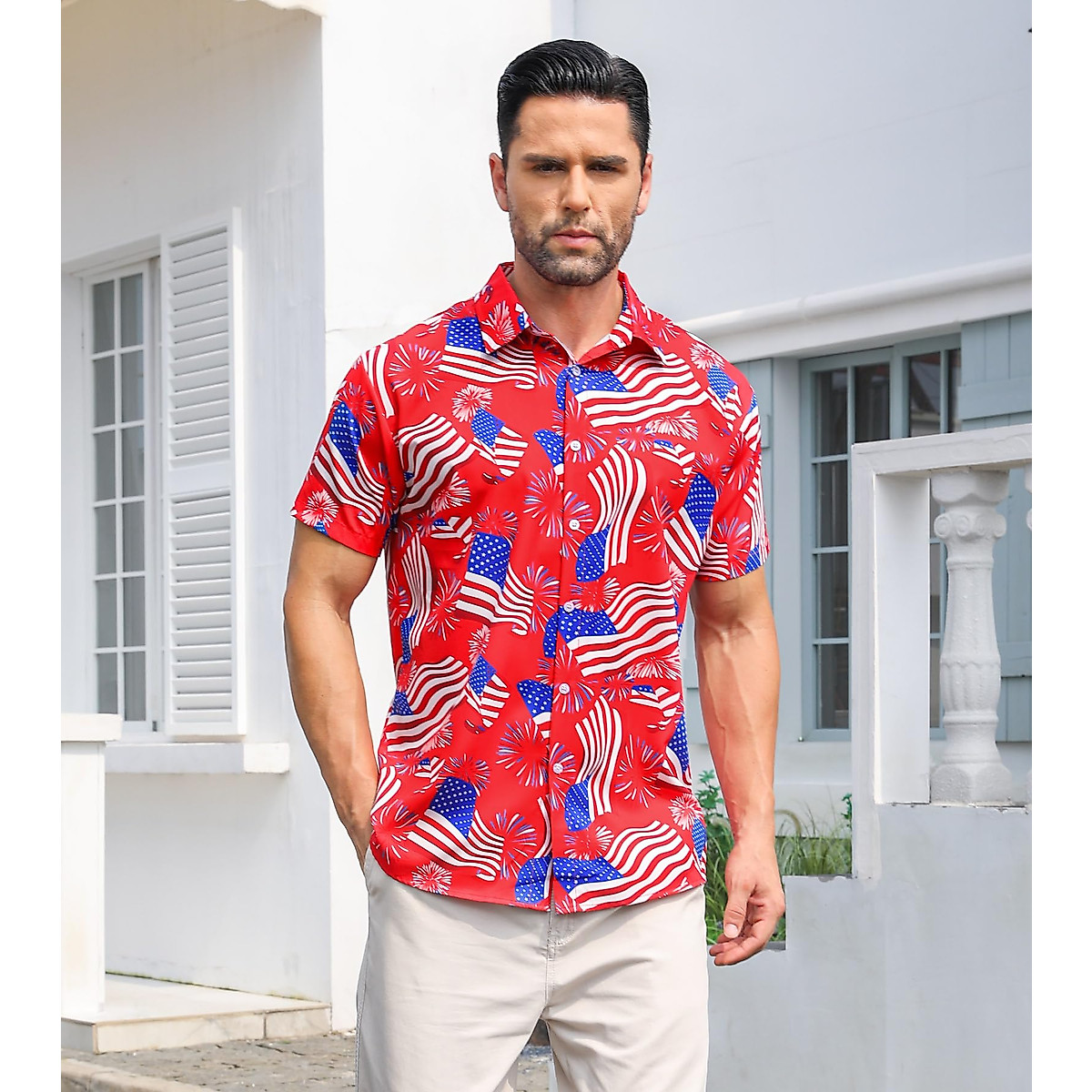 Fanient Button Down Shirt for Mens USA Flag Hawaiian Shirt Summer Beach Aloha Shirts Casual Novelty Slim Fit Patriotic Button Up Shirt M
