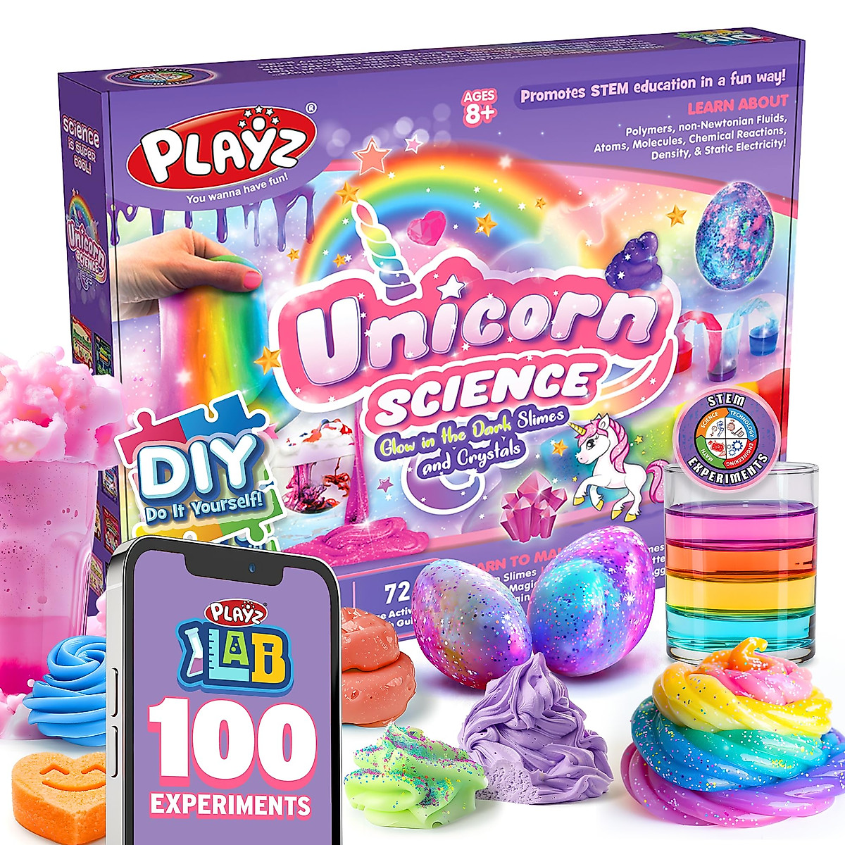 Playz Unicorn Slime & Crystals 100+ Science Experiments Kit Gift for Girls & Boys to Make Glow in The Dark Unicorn Poop, Snot, Fluffy Slime, Crystals, Putty, Arts & Crafts for Kids Age 8-12