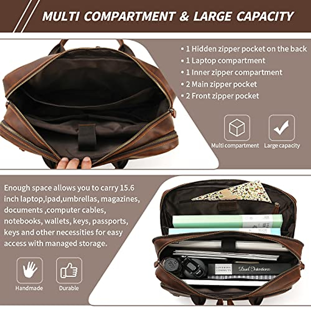 Jack&Chris Leather Briefcase for Men,Retro Business Travel Messenger Bag,Large 15.6 Laptop Work Bag